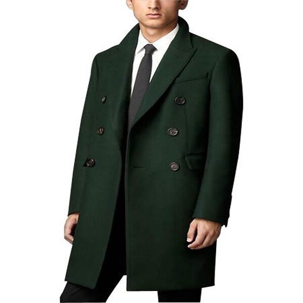 Men's Dress Coat Long Double Breasted Peak Lapel Overcoat Olive Green ...