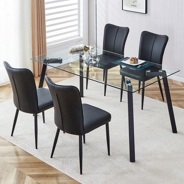 5-Pc Metal Dining Table Set with Glass Desktop and 4 PU Back Chairs ...