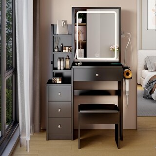 Cabinet Vanity Table + Cushioned Stool,2 AC+2 USB Power Station,Touch ...