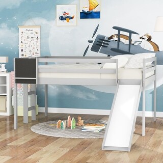 Full Wood Low Loft Bed with Slide, Ladder and Chalkboard, Grey - Bed ...