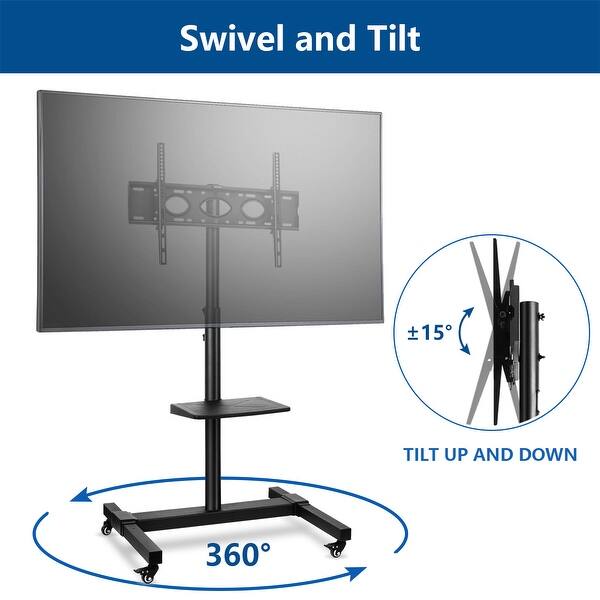 Black Rolling Mobile TV Cart Floor Mount TV Stand with Wheels and Shelf ...