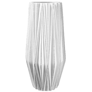Charlie 13 Inch Ceramic Round Vase, Embossed Lined Design, White - Bed ...