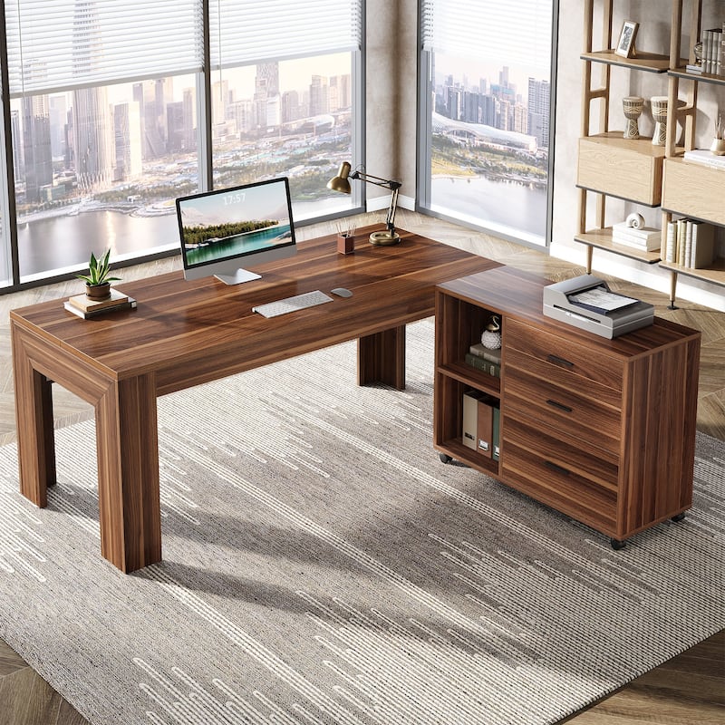 63" L Shaped Desk with Storage, Executive Office Desk with Rolling File ...
