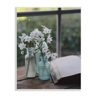 Stupell Delicate White Flowers Cottage Window Book Pages Wood Wall Art ...