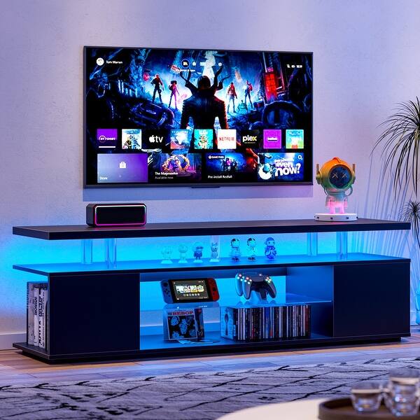 LED Gaming Media Storage Console Table with Large Sliding Drawer & Side ...