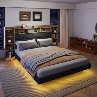 Floating Queen Bed Frame with LED Light and Bookcase Storage Headboard ...