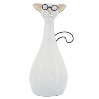 7" Cat with Glasses Sculpture Contemporary Ceramic White Cat Statue ...