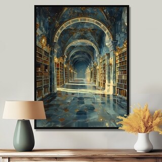 Designart "Gold Blue Historic Bookshelves Library" Libraries Framed ...