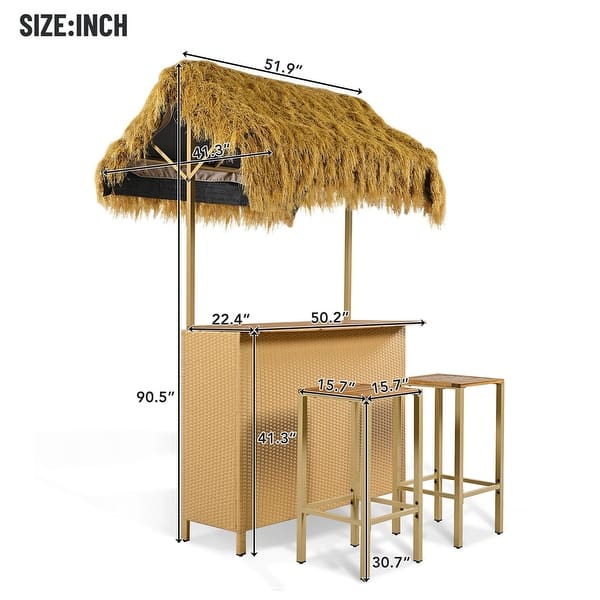 Hawaiian-Style Outdoor Bar Table and Stools Set with PE Grass Canopy ...
