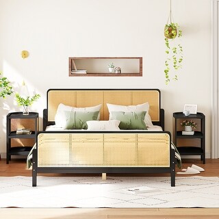 Full Size Rattan Bed Set with 2 Nightstands - Sturdy Structure and ...