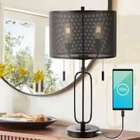 Asher 27" 2-Light Industrial Farmhouse Iron LED Table Lamp with USB ...