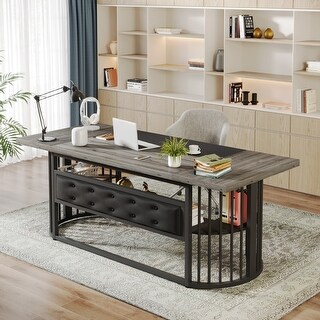 63" Modern Executive Computer Desk with Oak and White Finish, 5FT Home ...