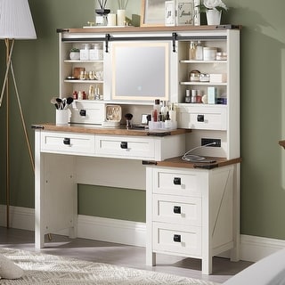 Farmhouse Makeup Vanity Desk with Mirror & Lights, Rustic Vanity Table ...