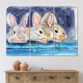 Designart "Three Fluffy Rabbits Behind A Blue Wooden Fence I ...