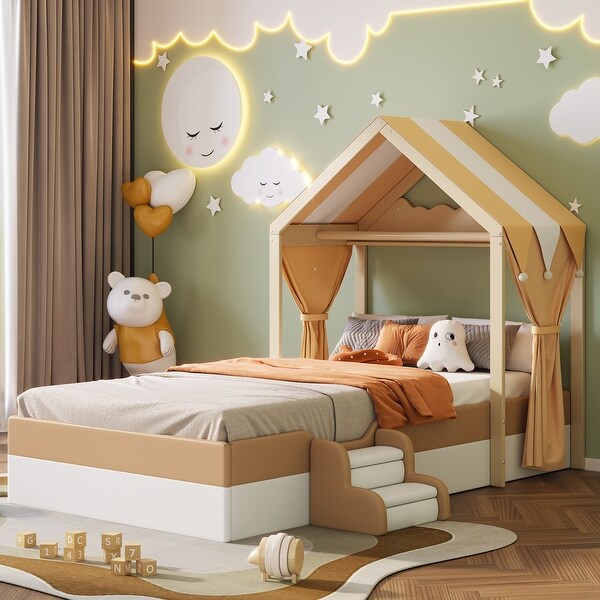 Twin Size Upholstered PU House Bed with Curtains Funny Kids Platform Bed Frame with Little Stairs