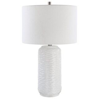 27 Inch Ceramic Table Lamp, Wavy Texture, Silver, White - Bed Bath ...