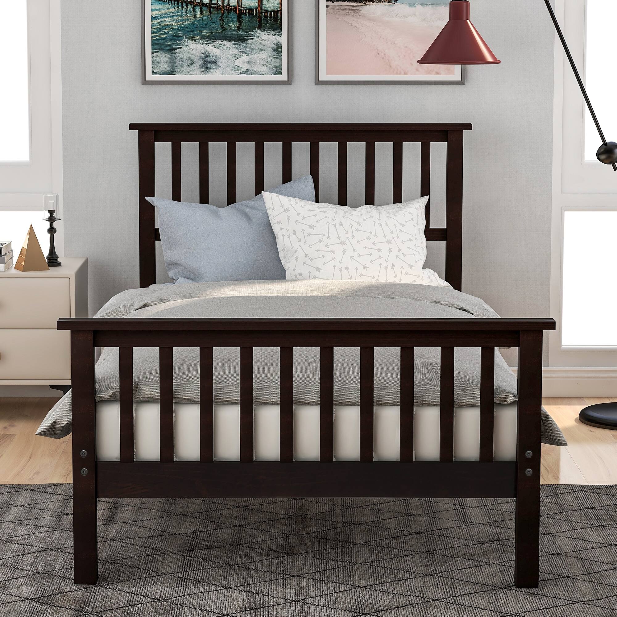 Solid Pine Wood Twin Platform Bed With Vertical Slats Headboard