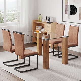 Simple Living Dining Table Set for 4, Glass Kitchen Table and 6 Leather ...