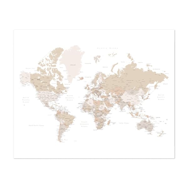 Light Brown and Beige Detailed World Map Maps Urban Art Print/Poster ...