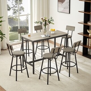 7 Pcs Pub High Dining Table Set, Pub Table, 6 PU Leather Bar Chairs ...
