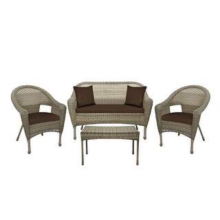 Set of 4 Grey Resin Wicker Clark Conversation Set with Brown Cushion ...