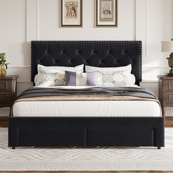 Velvet Bed Frame with Adjustable Headboard and 2 Drawers On Sale Bed Bath Beyond 41300656