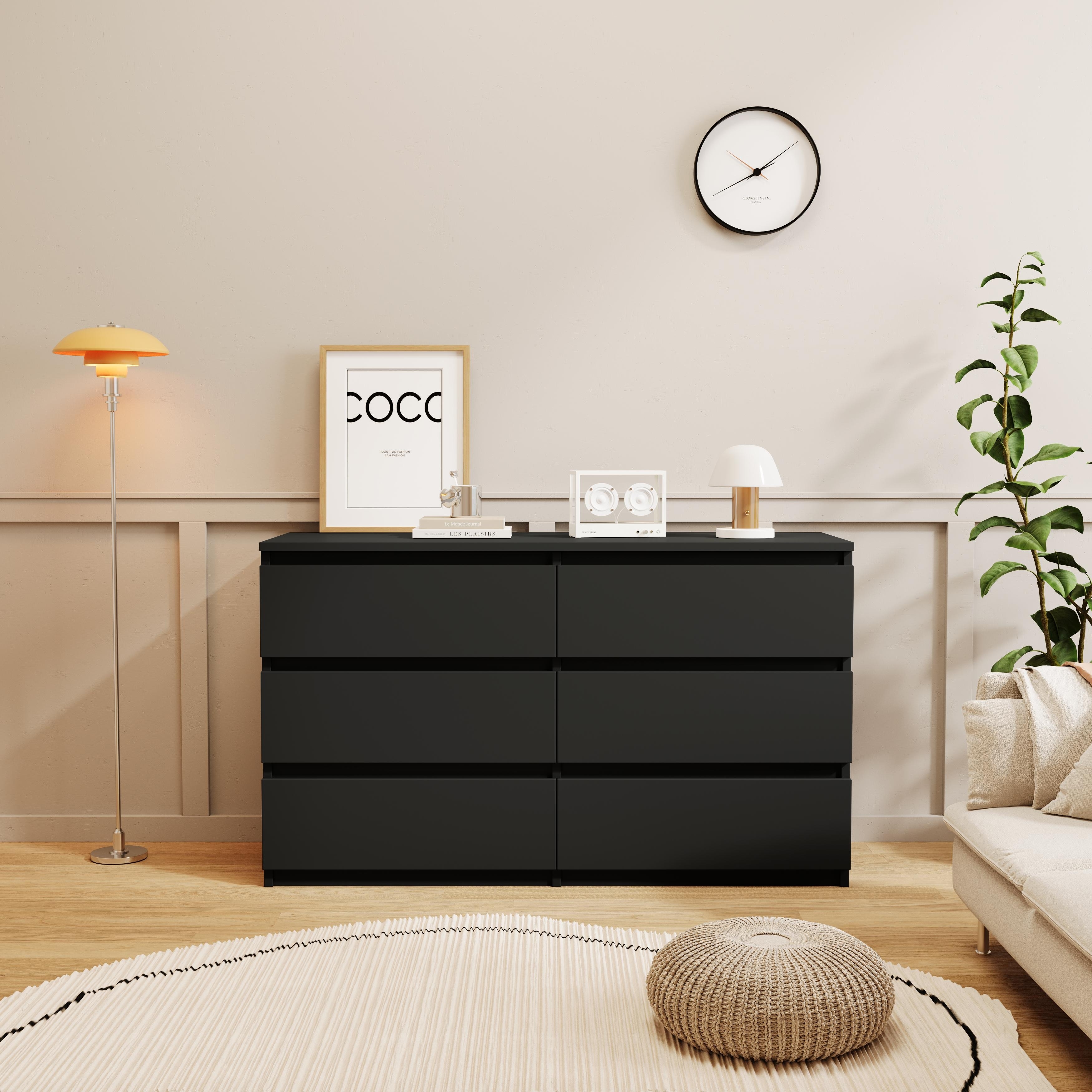 Modern 6 Drawer Dresser Large Chest of Drawers Table with Handles Engineered Wood Storage Cabinet for Bedroom Black On Sale Bed Bath Beyond 42317412