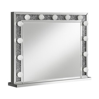 40 Inch Modern Glam Mirror, Wood Frame, Crystal Inlay, 13 Bulbs, Silver ...