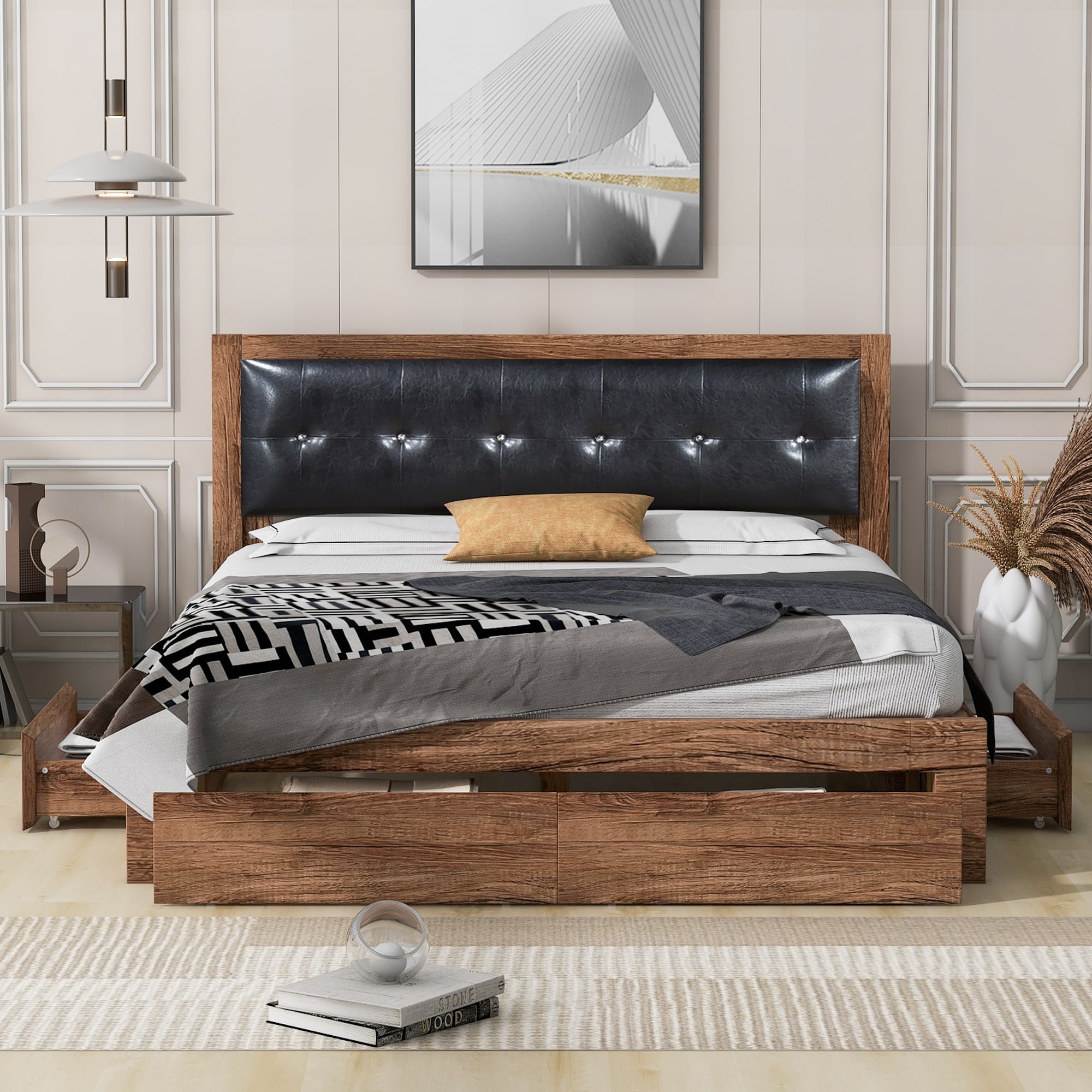 Queen PU Platform Bed with Upholstered Headboard & 4 Drawers - Bed Bath & Beyond - 40268291