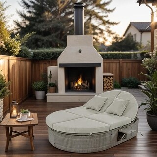 Outdoor Sun Bed Patio 2-Person Daybed with Cushions and Pillows, Rattan ...