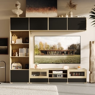 L-Shaped TV Media Console with Wall-Mounted Cabinets and Base Storage ...