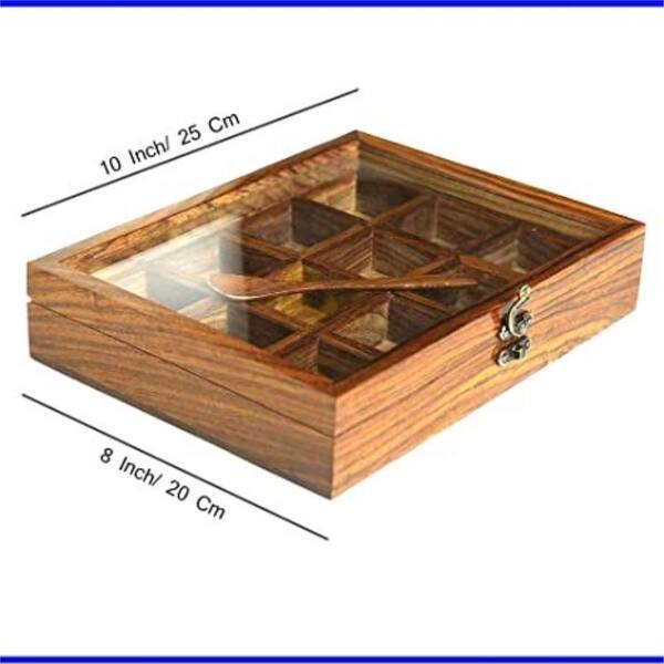 Wooden Masala Spice Storage Box With Glass Lid on Top 12 Containers And ...