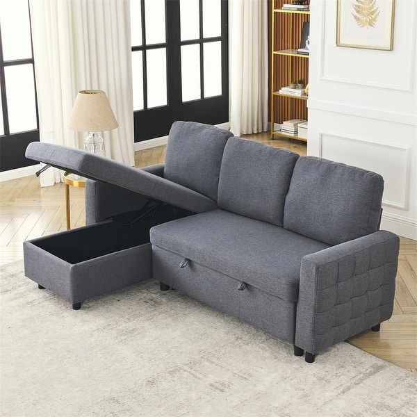 Reversible Linen L-Shaped Sleeper Combo Sofa with Pullout Bed - Bed ...