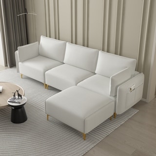 L Shape Sectional Sofa with USB, Modern Luxury 4 Seat Living Room Sofa ...