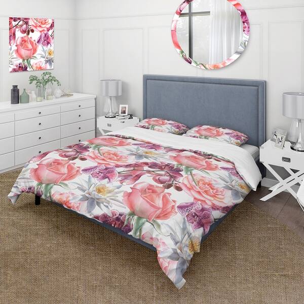 Designart 'Rose Orchid And Lily On White' Traditional Duvet Cover Set ...