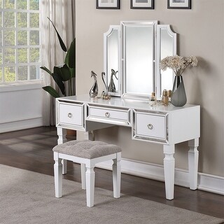 Bedroom Vanity Set Tri-Fold Mirror w/ Stool 3-Storage Drawers - Bed ...