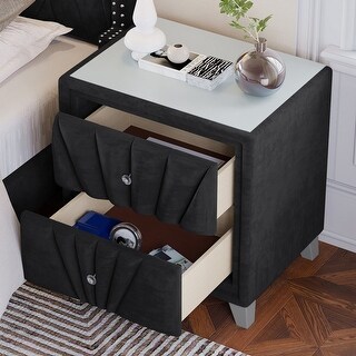 Velvet Upholstered Glass Top Nightstand with Two Drawers - Bed Bath ...