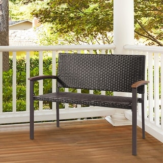 Outdoor Patio Rattan Wicker Bench with Armrest for Garden - Bed Bath ...
