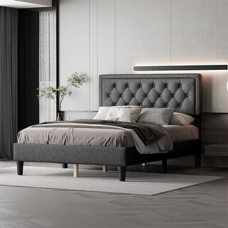 Modern Full Size Linen Upholstered Bed Frame with Wood Slat Support ...