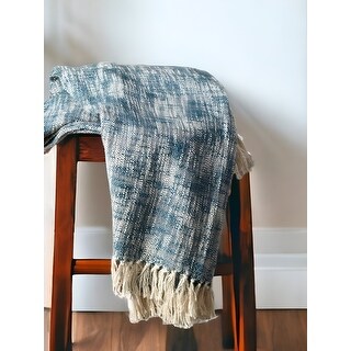 50" X 60" Blue and White Woven Cotton Throw Blanket with Fringe - Bed ...