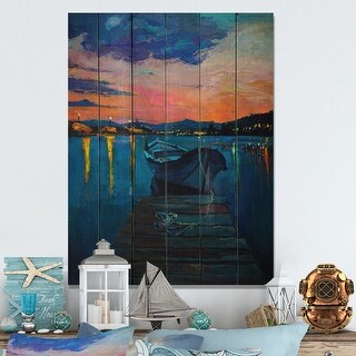 Designart 'Boat On Dock At Night' Nautical & Coastal Wood Wall Art ...