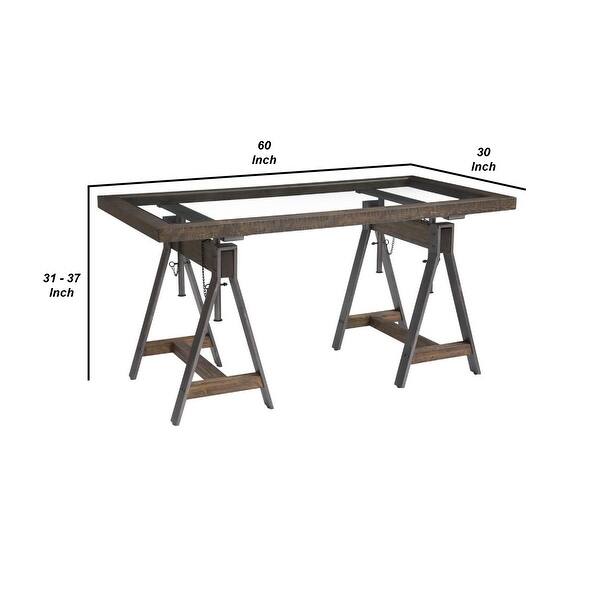 Ruth 60 Inch Solid Wood Adjustable Writing Desk, Glass Top, Brown, Gray ...