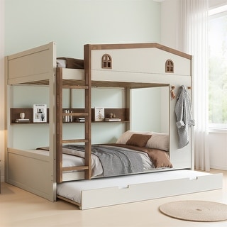 Queen over Queen Bunk Bed with Storage Shelves,Solid Wood Bunk Beds ...