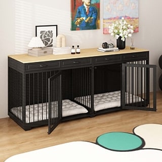 Wooden Double Dog Crates Indoor Furniture with Divider and 4 Drawers ...