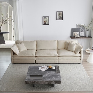Beige Convertible 3-seat Settee, Thick Cushion Chenille Modular Sofa ...