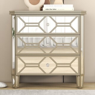 Elegant Mirrored 3-Drawer Chest with Golden Lines Storage Cabinet - Bed ...