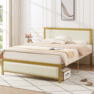 VECELO Bed Frame with Upholstered Linen Headboard and Footboard, Heavy ...
