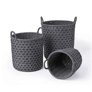 Set Of Three Round Rattan And Bamboo Caning Baskets with Ear Handles ...