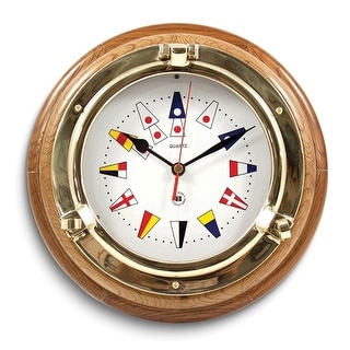 Curata Oak Wood Lacquered Brass Porthole Quartz Clock with Nautical ...