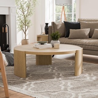 42-inch Round Solid Wood Coffee Table with Plinth Base for Living Room ...
